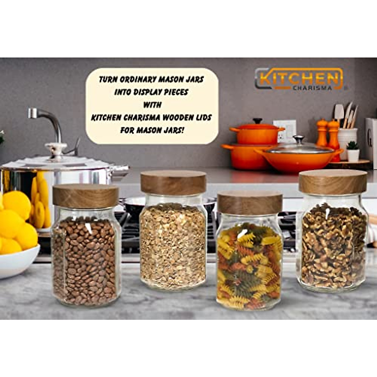 Wooden Mason Jar Lids Value Pack - 24 Mason Jar Lids Choose From Regular Mouth or Wide Mouth - Custom Molded Screw Top Mason Jar Lid Set Storage Lids for Ball Jars Only by Kitchen Charisma (Regular Mouth (2.5 in. Jar Opening), Acacia Wood (Brown Color))