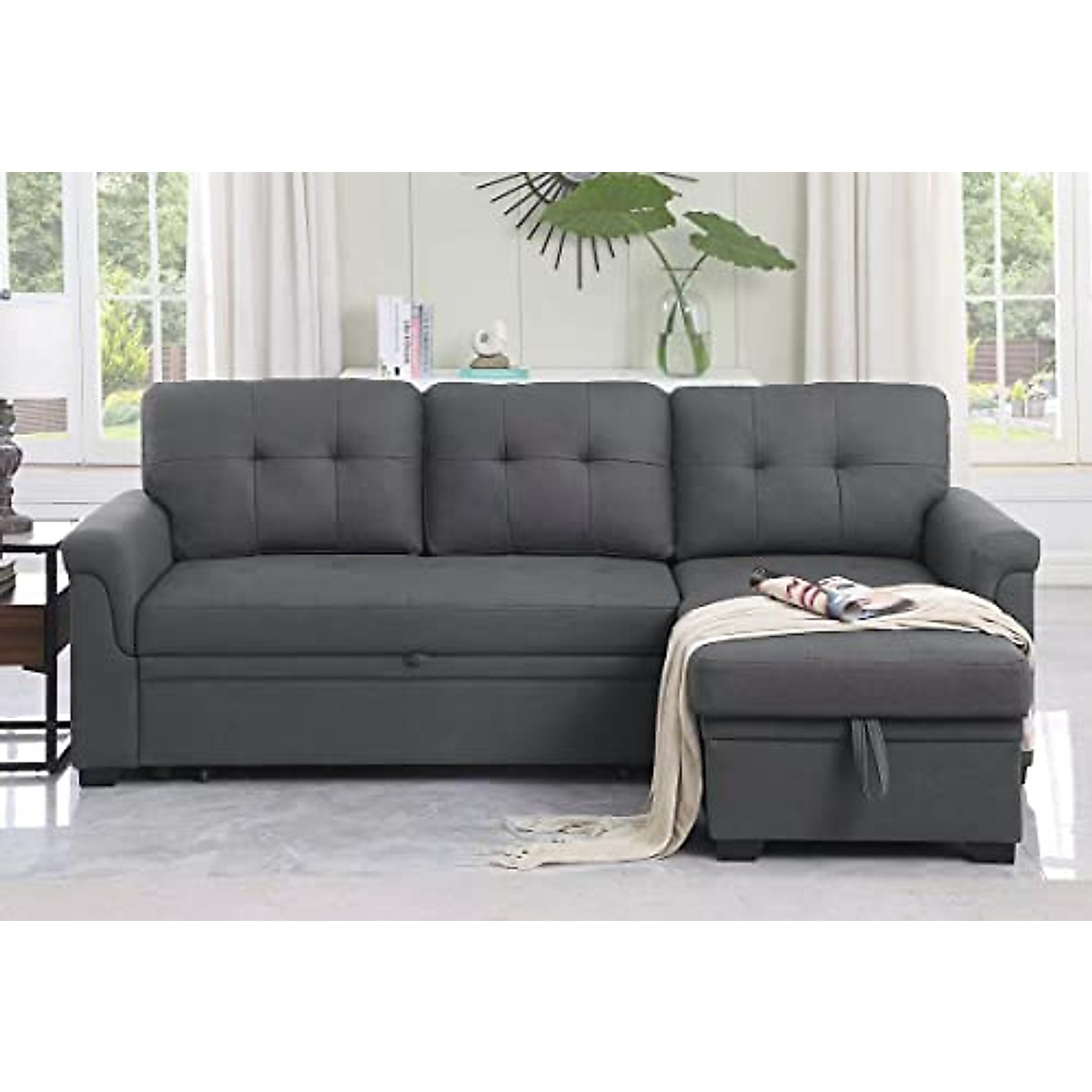 Lilola Home Lucca Performance Artificial Leather L-Shaped Pull-Out Sleeper Sofa Sectional with Reversible Storage Chaise and Solid Wood Frame, Gray