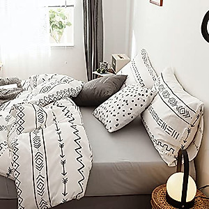 iyoimono Queen Size Duvet Cover Set Black Stripe and White Boho Geometric Bedding Set Reversible Quilt Comforter Cover with Zipper Closure (1 Duvet Cover 230x230cm+2 Pillow Shams 51x76cm)