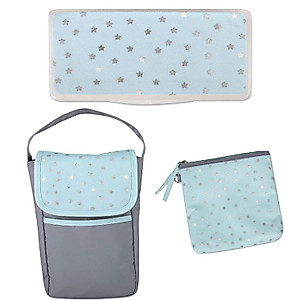 Baby Essentials Diaper Bag Backpack 5 Piece Set with Sun, Moon, and Stars, Wipes Pocket, Stroller Straps, Dirty Diaper Pouch, Changing Pad (Grey/Blue Backpack)