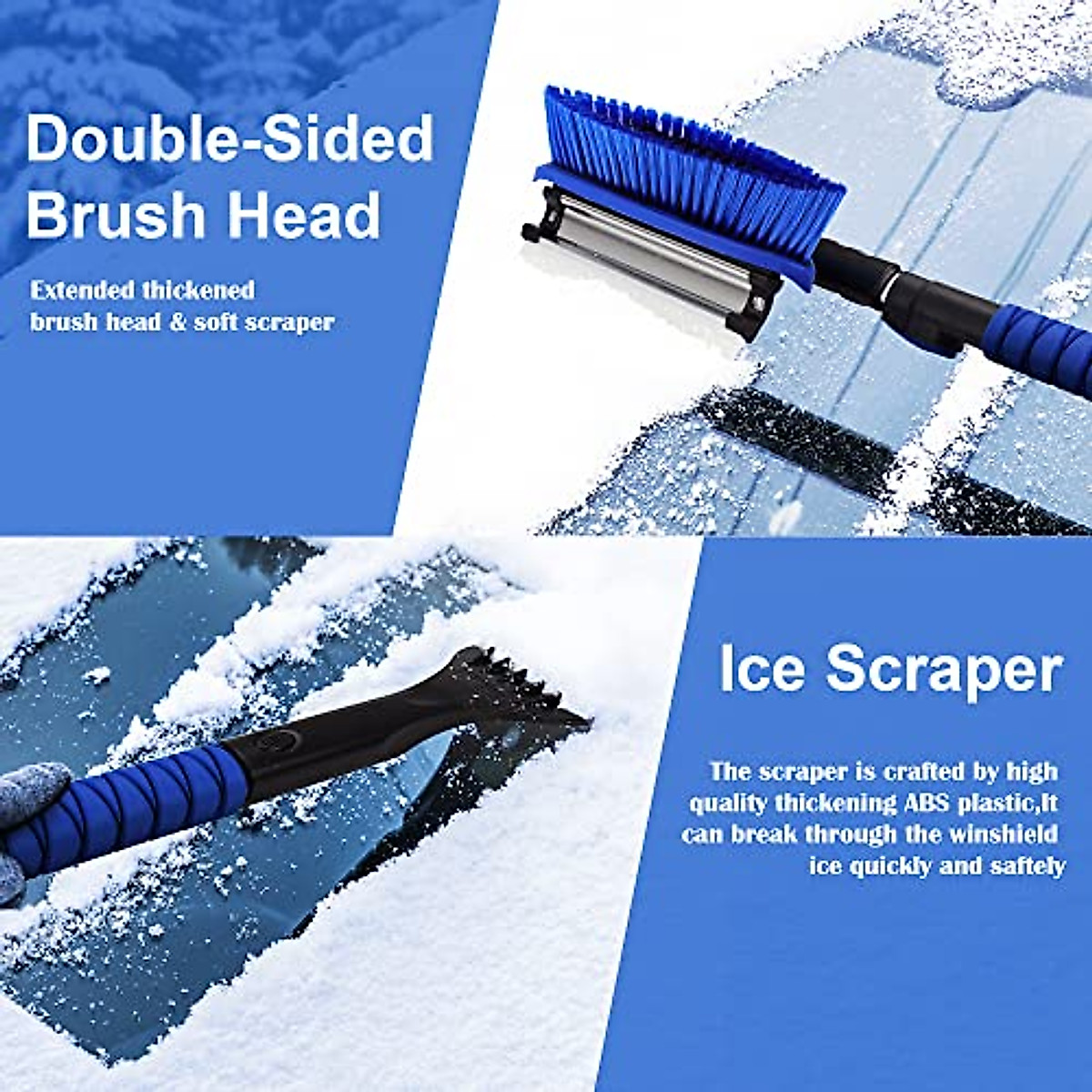 TESSONO Ice Scraper for Car Windshield, Extendable Snow Brush with 270° Pivoting Brush Head,3-in-1 Car Snow Scraper and Brush with Ergonomic Foam Grip for Car Windshield, Trucks, SUVs (Blue)