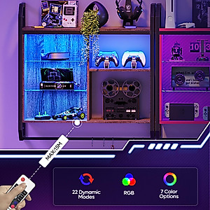 Bestier LED Gaming Floating Shelves, 34" Wall Mounted Shelf Pipe Shelves Hanging Display Rack Bookshelf with 6 S-Hook, Gaming Room Decor Wine Coffee Bar, Black Carbon Fiber