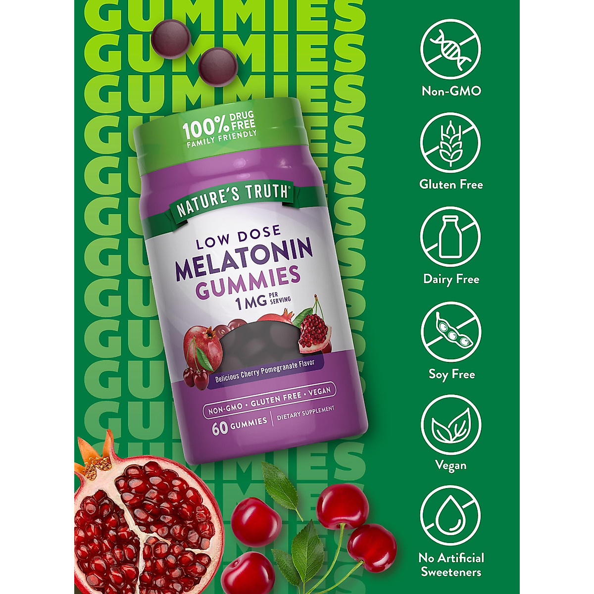 Nature's Truth Melatonin Gummies | 1mg | 60 Count | Cherry Pomegranate Flavor | Vegan, Non-GMO & Gluten Free Supplement