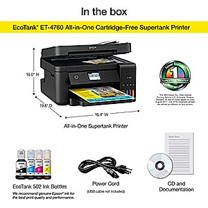 Epson EcoTank ET-4760 Wireless Color All-in-One Cartridge-Free Supertank Printer with Scanner, Copier, Fax, ADF and Ethernet - Black