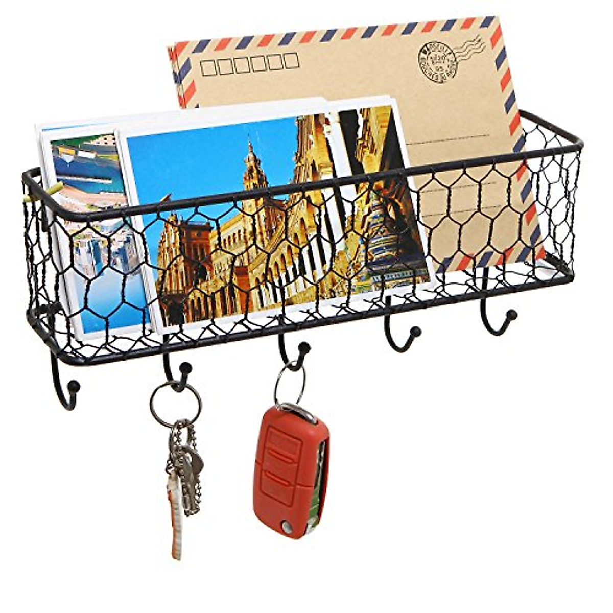 MyGift Wall Mounted Farmhouse Matte Black Chicken Wire Metal Entryway Mail Holder Letter Organizer Storage Basket with 5 Key Hooks