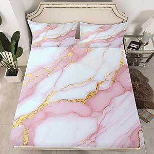 FUYEUN Pink Marble Sheets Set Twin Size Aesthetic Marbling Kids Bedding for Girls Teens Bedroom Bed, Chic Fitted Sheets Bedspread Set,1 Flat Sheet 1 Fitted Sheet 1 Pillowcase