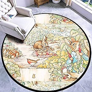 Round Area Rug Kids Carpet Playmat Non-Slip Throw Runner Rug The World of Beatrix Potter Large Vintage Illustration Indoor Floor Carpet Door Mat for Bedroom Living Room Home Decor