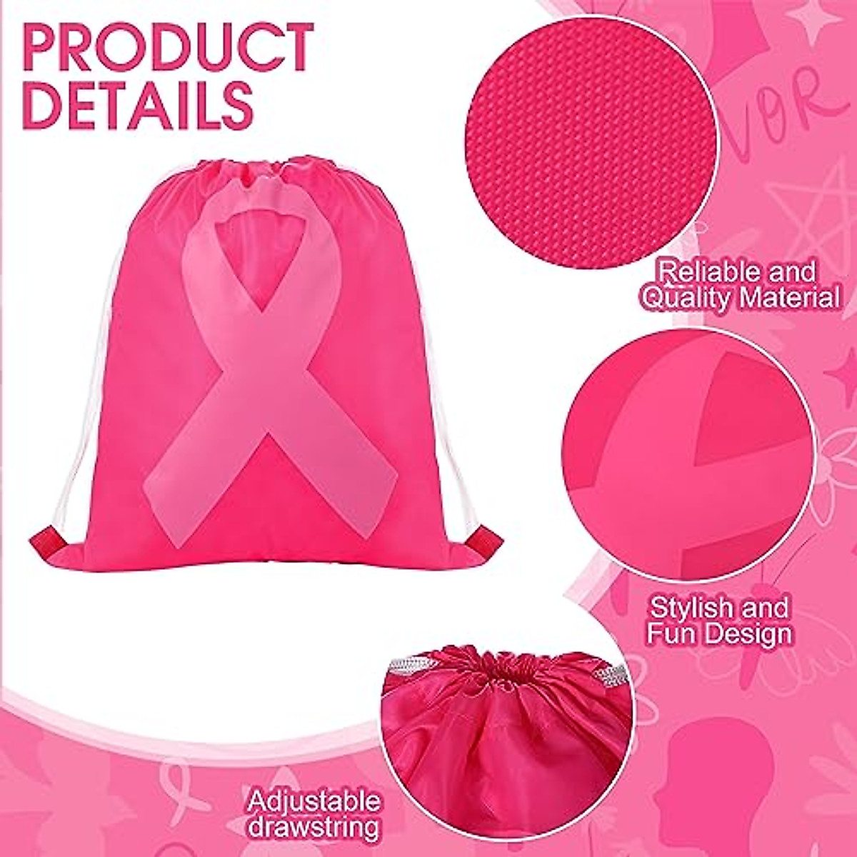 Silkfly 30 Pcs Breast Cancer Awareness Drawstring Bags Bulk Pink Ribbon Drawstring Backpack Draw String Storage Bags for Yoga Swimming Gym Sport Party Gift Supplies