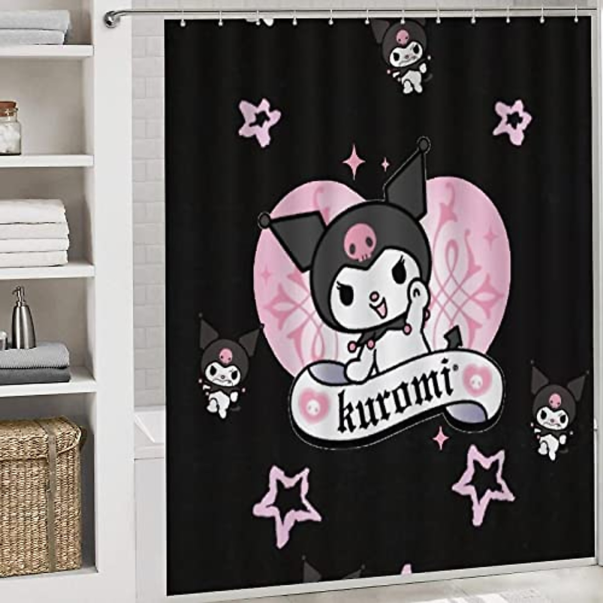 fmsnupz 4PCS Anime Shower Curtain Set, Cute Bathroom Decor with Non-Slip Rugs, Toilet Lid Cover and Bath Mat, Waterproof Fabric Shower Curtains with 12 Hooks, 70.8"x70.8"