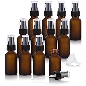 JUVITUS 1 oz / 30 ml Frosted Amber Glass Boston Round Bottle with Black Treatment Pump (12 pack) + Funnel