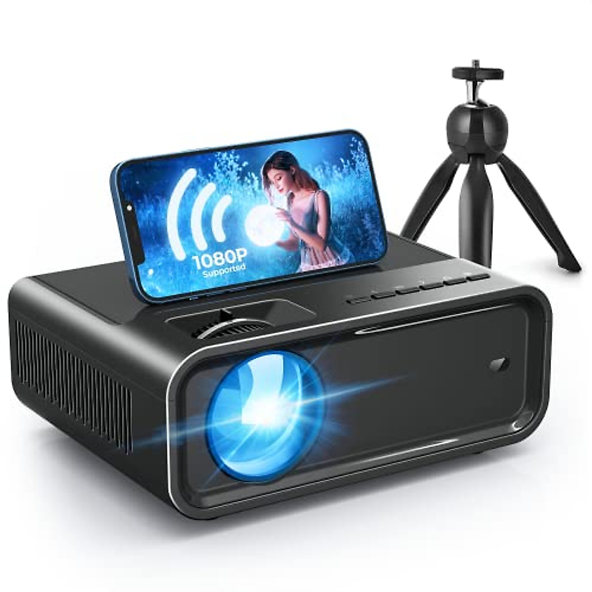 WiFi Mini Projector, ACROJOY Video Projector w/ Tripod, HD 1080P & 240" Display Supported, Portable Movie Outdoor Projector Compatible with TV Stick, HDMI, VGA, TF, AV, USB, Black