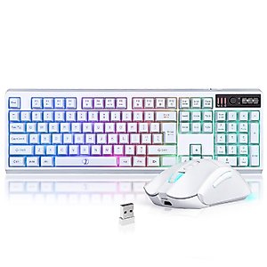 Wireless Gaming Keyboard and Mouse Combo, 104 Keys Standard US Layout RGB Backlit Rechargeable Mechanical Feel Waterproof Mute Mouse for Gamers(White)