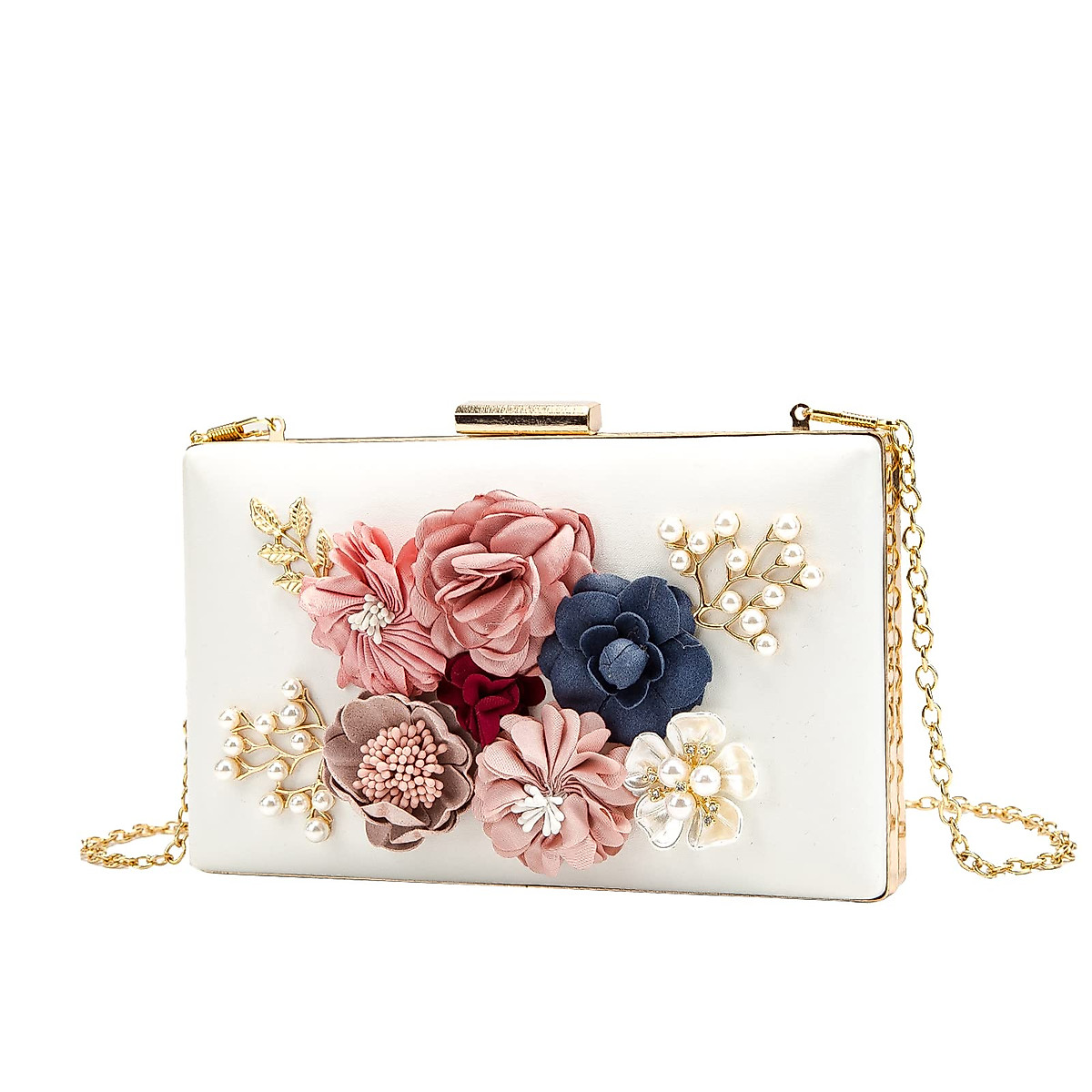LETODE Women's Evening Bag Flower Wedding Evening Clutch Purse Bride Floral Clutch Bag Beaded Evening Shoulder Handbag (White)
