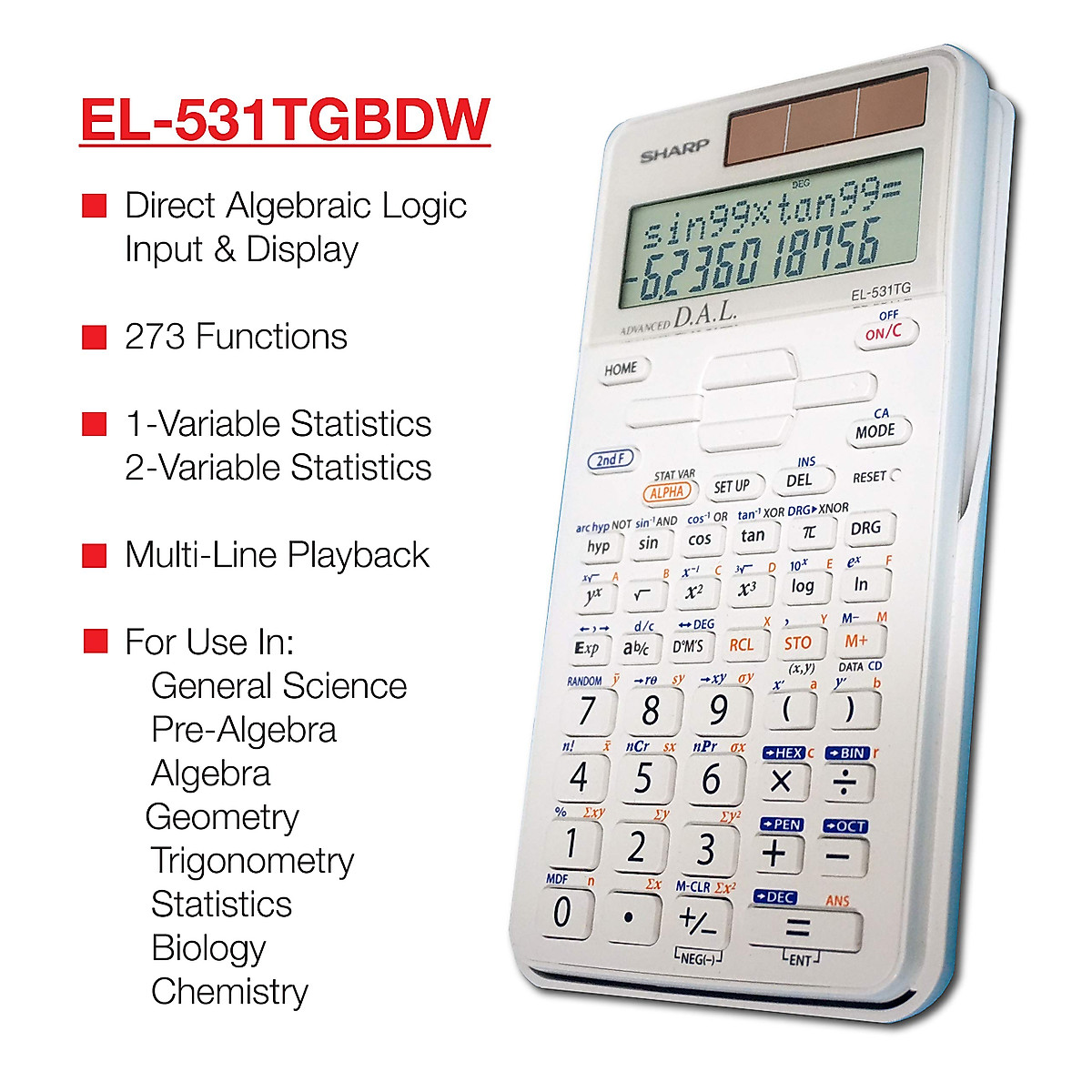 Sharp EL-531TGBDW 12-Digit Scientific/Engineering Calculator with Protective Hard Cover, Battery and Solar Hybrid Powered LCD Display, Great for Students and Professionals, Silver