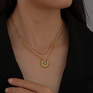 UniLogue Titanium Steel Gold Link Chain Necklace, Sun with Turquoise Pendant Female Necklace Jewelry Gift for Women (Layered Chain Sun with Turquoise Pendant)