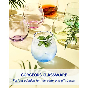 ColoVie 15 oz Stemless Wine Glasses Set of 6, Large Colored Wine Glasses, Short Wine Glass Set for Red Wine, White Wine, No Stem Margarita Glasses