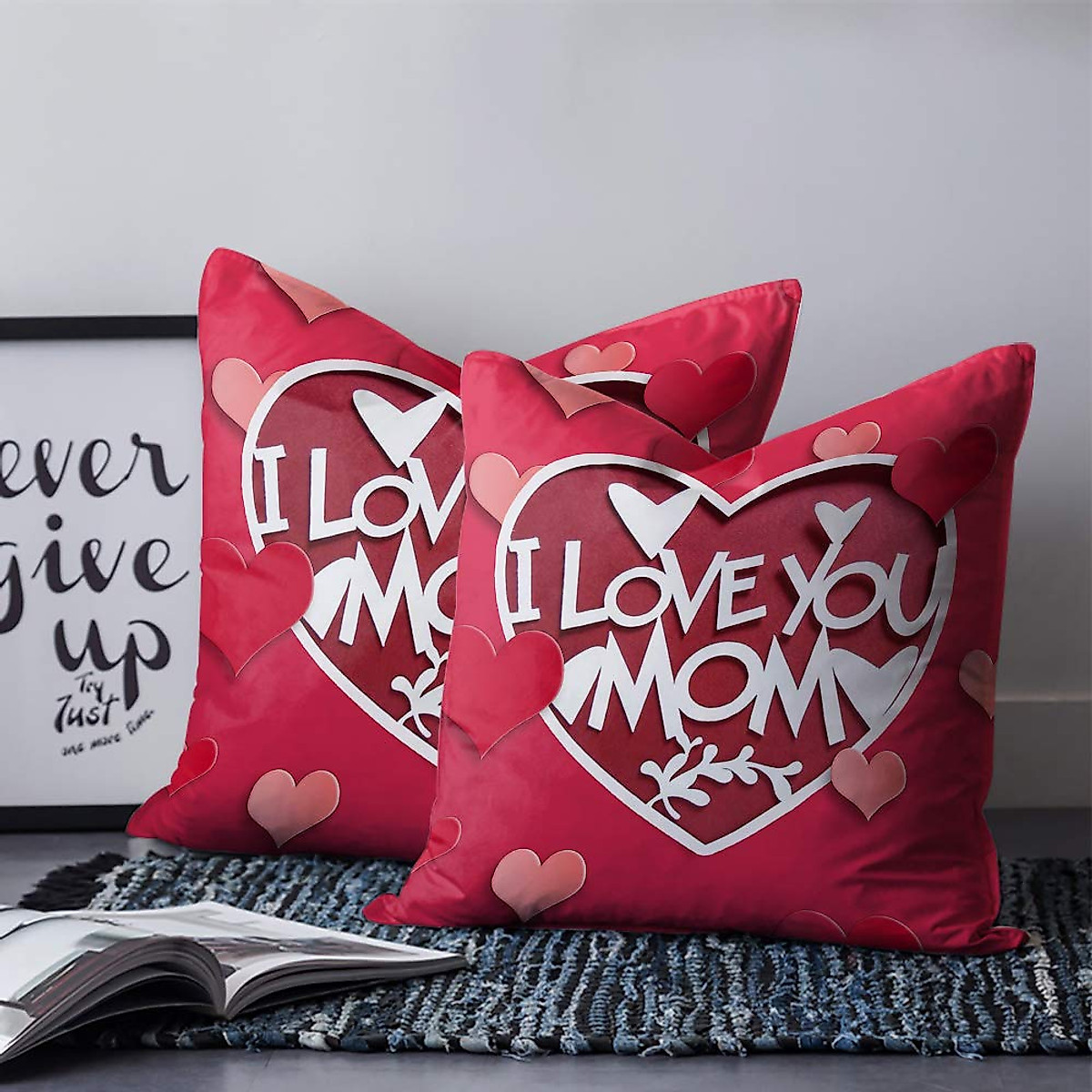 Roses Garden Throw Pillow Cover I Love You Mom Red Heart Pattern Pillow Case Square Cushion Cover Super Soft Brushed Fabric Room Decor Pillowcase for Home Couch Sofa Bed, 18" x 18"