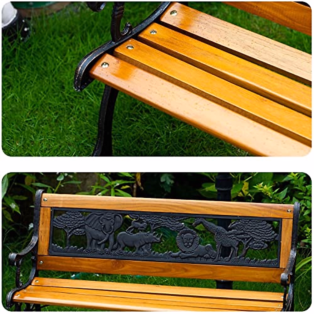 Metal Outdoor Bench Patio Bench Cast Iron Steel Frame Garden Bench Patio Furniture Chair Outdoor Wood Bench w/Animal Pattern Design Backrest, Wood Slatted Seat for Yard, Porch, Bronze