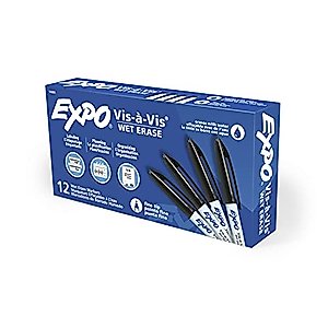EXPO Vis-a-Vis Wet Erase Markers, Fine Point, Black, 12 Count