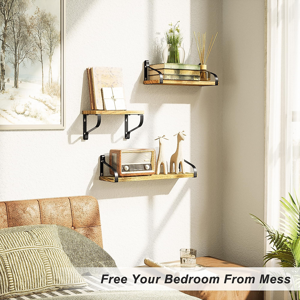 Love-KANKEI Floating Shelves Wall Mounted Set of 3, Rustic Wood Wall Storage Shelves for Bedroom, Living Room, Bathroom, Kitchen, Office and More Carbonized Black