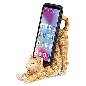 WHAT ON EARTH Cat Phone Stand - Sculpted Resin Kitty Shaped Desk Phone Holder, Cute Phone Grip, Android or iPhone Stand - 6" H - Orange Tabby