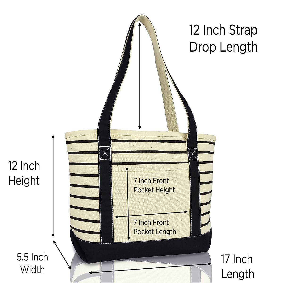 DALIX Small Stripe Tote Deluxe Shoulder Bag Cotton Canvas in Black