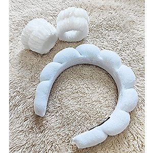 ZZGC Spa Sponge Headband for Washing Face, Makeup Headband with 2Pcs Wrist Washband Hair Band for Makeup Removal, Skincare (White)