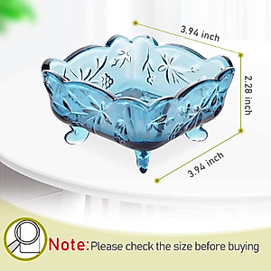 Fivtyily Retro Carved Square Glass Fruit/Sugar/Candy Dish Tray Ice Cream Bowl with Antislip Legs (Blue)