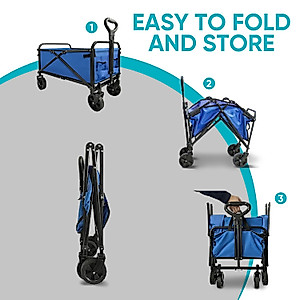 Collapsible Foldable Wagon, Beach Cart Large Capacity, Heavy Duty Folding Wagon Portable, for Outdoor Sports, Shopping, Camping, Blue