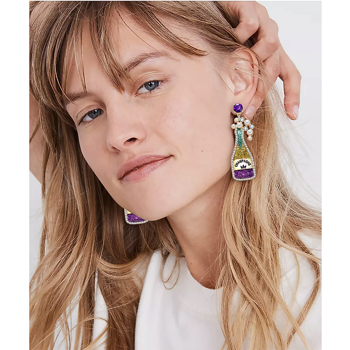 CEALXHENY Champagne Earrings Pearl Rhinestone Champagne Bottle Earrings for Women Wine Bottle Drop Dangle Earrings Holiday Party Celebration Earrings (Mardi Gras Color)