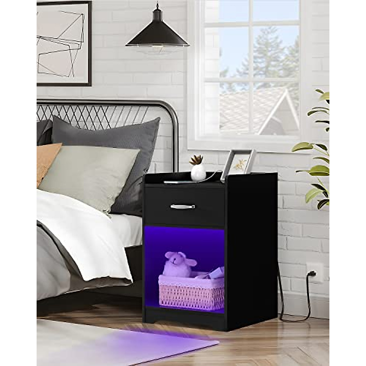 WEENFON Nightstand with Charging Station and LED Lights, Nightstands with USB Ports & Outlets, Small Night Stands for Bedroom, Black