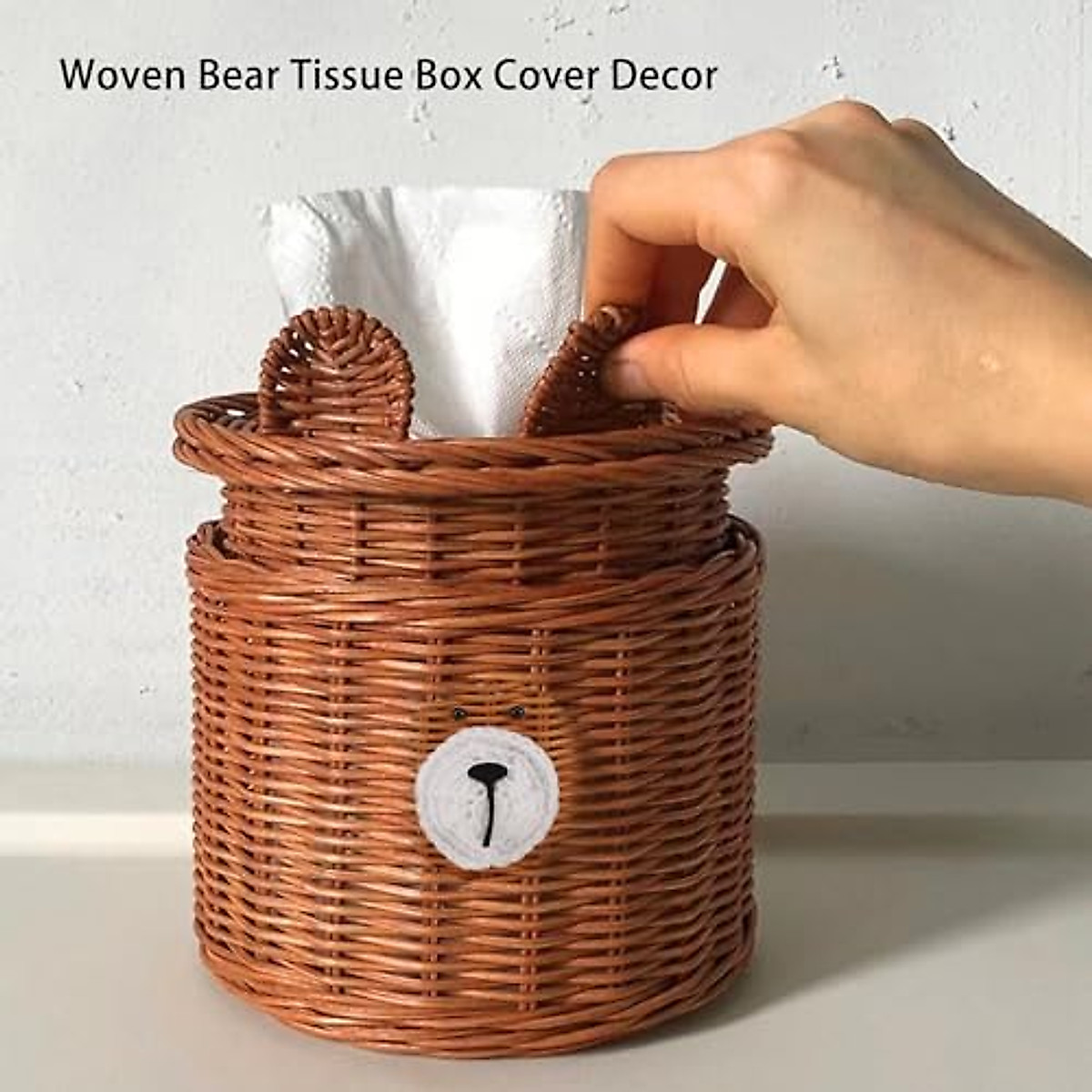 Atyhao Cute Bear Tissue Box Cover Rattan Holder with Lid, Round Easy Maintenance Dispenser, Versatile Decor, Photography Prop for Kids Rooms, Tables