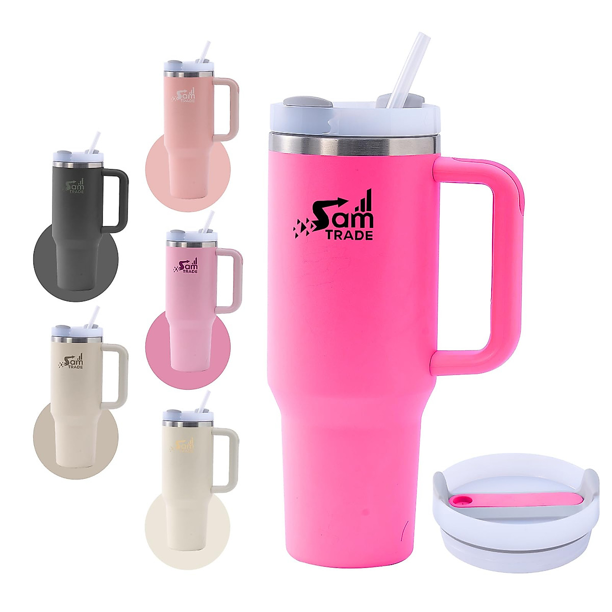 Samtrade Drinking Cup, Stainless Steel Insulated Tumbler with Handle (40oz) - 100% Leak-Proof Friendly Travel Mug, Pink, YX-T40