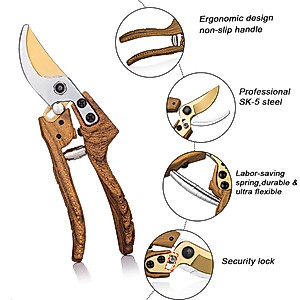 Pruning Shears, Professional Sharp Garden Shears, SK-5 Stainless Steel Pruners for Gardening, 8”Bypass Hand Pruners for Plants, Gardening, Trimming, Gardening Tools（Grain Wood)