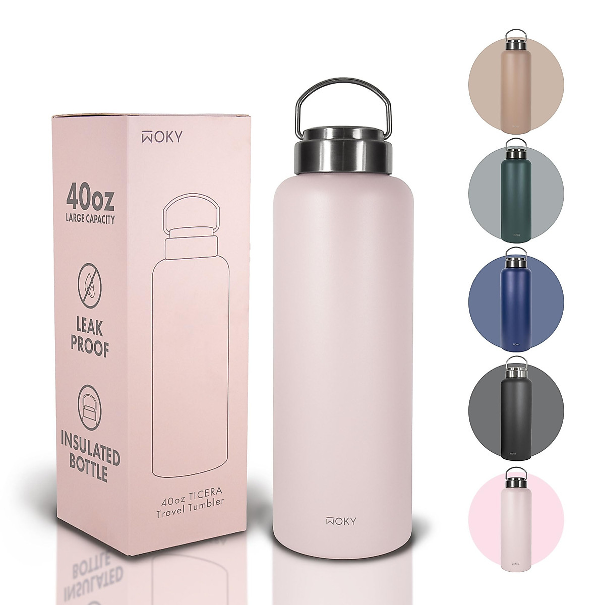 WOKY TICERA 40oz Titanium Ceramic Coated Tumbler - Stainless Steel Vacuum Insulated Water Bottle, Leak-Proof, Hook Handle Lid - Ideal for Gym, Travel, and Everyday Use (Pink)