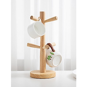 TUPANDY Mug Holder Wooden Mug Rack Tree with 6 Hooks Coffee Cup Organizer Stand Wood Mug Hanger Stand for Display Coffee Mugs Glasses and Cups for Kitchen Dinnerware Storage, FBA-HYYU66899