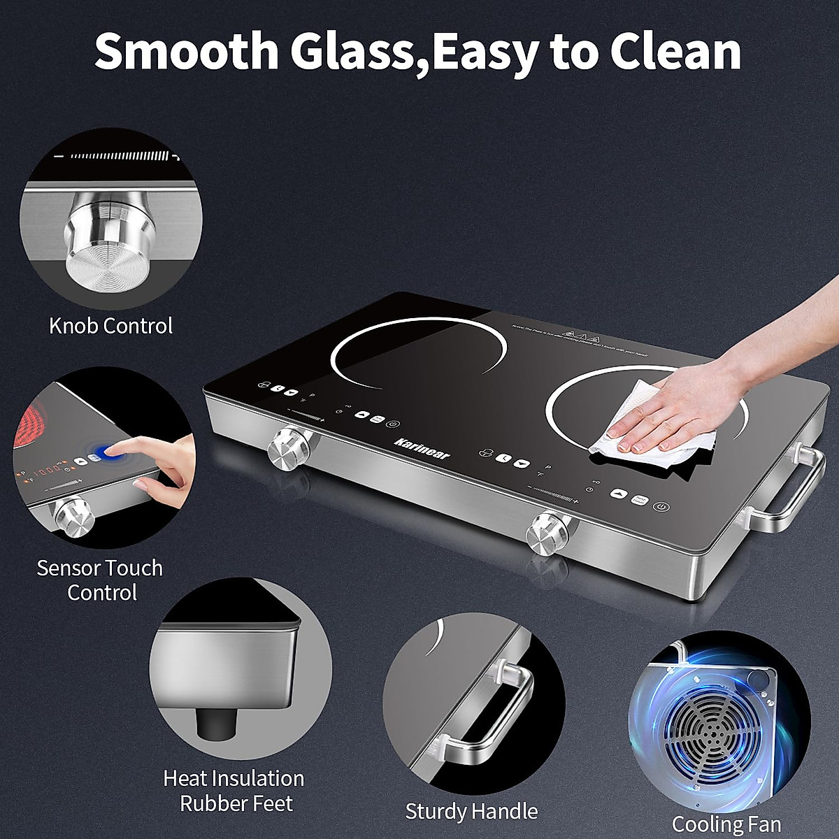 Karinear 2 Burner Electric Cooktop 110V, Portable Electric Stove with Handle, Knob Control Electric Hot Plate, Ceramic Infrared Countertop Burner, Timer, Safety Lock, 9 Power Level, 2000W, 24 inch