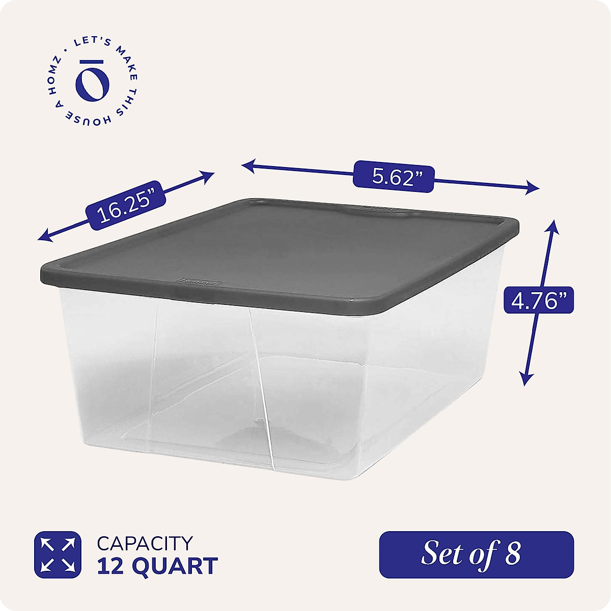 HOMZ 8-Pack Snaplock, Small Clear Plastic Storage Bins with Lids, 12 Quart, Gray