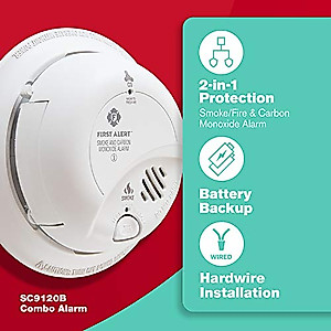 First Alert BRK SC9120B Hardwired Smoke and Carbon Monoxide Alarm with Battery Backup with Home Fire Extinguisher, Red