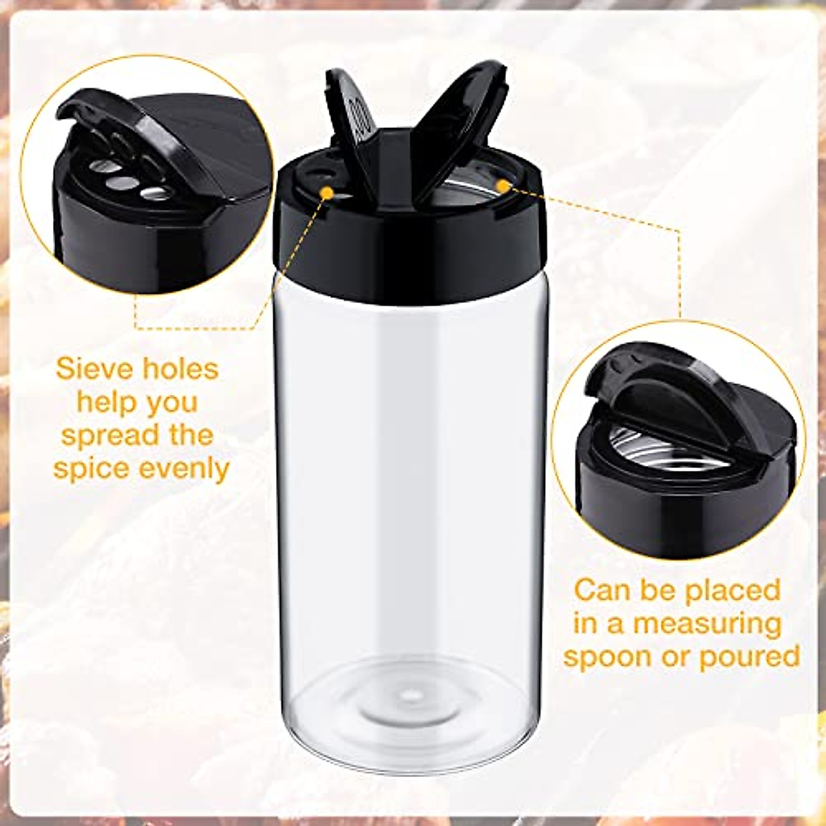 Mimorou 40 Pack Plastic Spice Jar with Shaker Seasoning Containers 3.5 oz Container Black Lids Jars for Kitchen Storing Powder