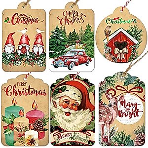 Party Funny Christmas Gift Tags 60 Count with Untied String 15 Assorted Foil, Printed Designs for DIY Xmas Present Wrap and Label Package Name Card