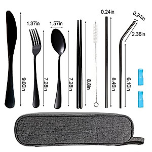 Travel Utensils Set with Case Reusable Portable Cutlery Set Stainless Steel 8pcs Including Dinner Knife Fork Spoon Chopsticks straws(Black)