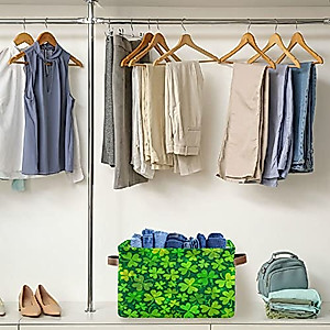 Green Clover St Patricks Day Storage Basket Trefoils Leaves Storage Organizer Box Bin Large Collapsible Cube Baskets with PU Handles for Shelf Closet Nursery Laundry 1 Pack