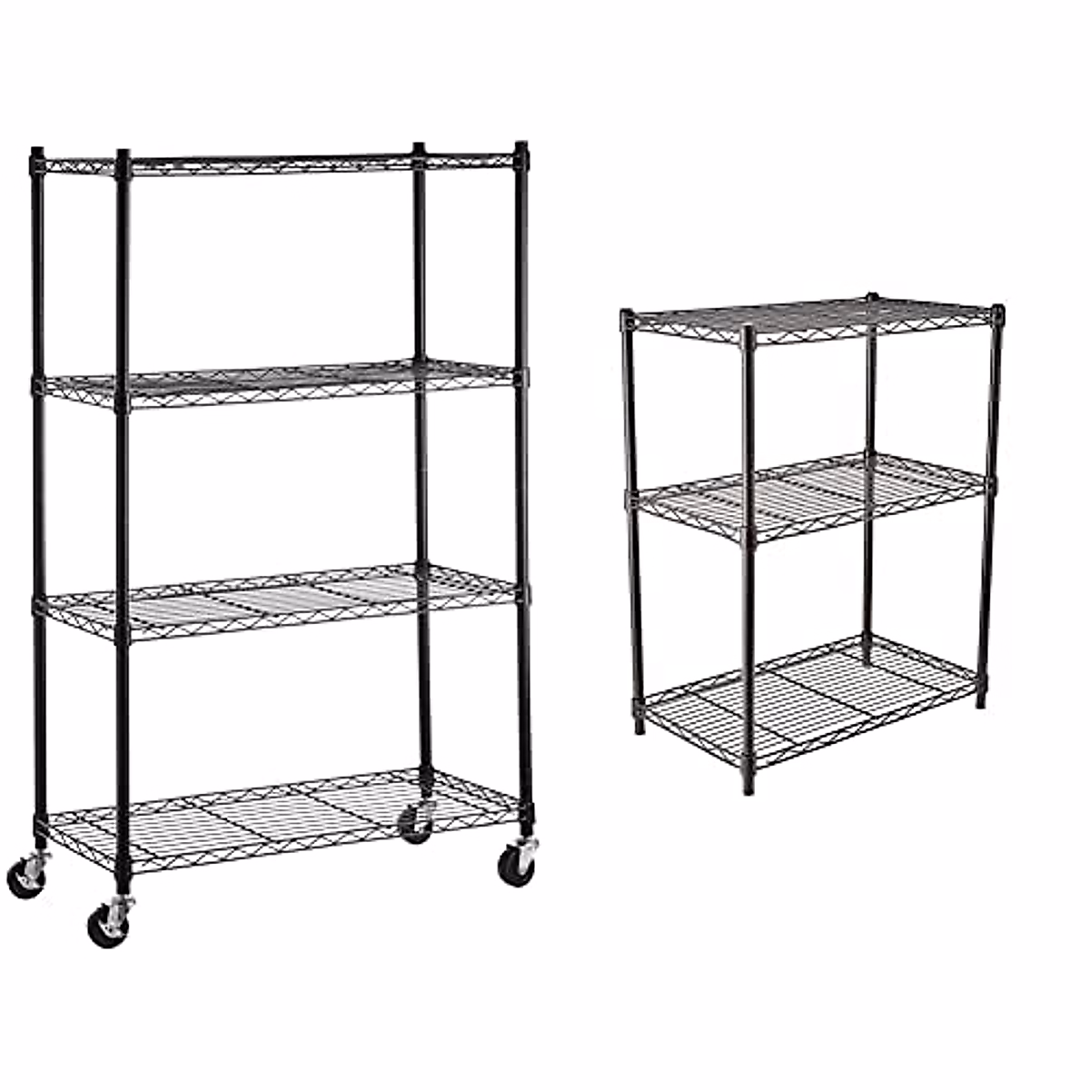 Amazon Basics 4-Shelf Shelving Storage Unit on 3'' Wheel Casters, Black (36L x 14W x 57.75H) & 3-Shelf Adjustable, Heavy Duty Storage Shelving Unit (250 lbs), Black (23.3L x 13.4W x 30H)