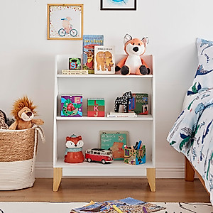 Danya B. Steiner White 3-Tier Kids Book or Toy Figure Display Unit Freestanding Bookshelf with Contrasting Wood-Toned Legs