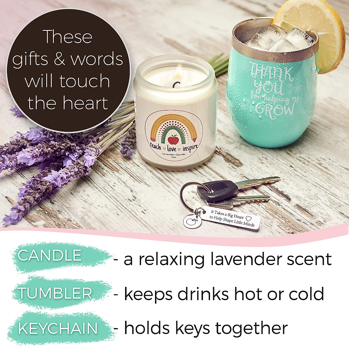 Little Mindings End of Year Teacher Gifts | Teachers Appreciation Gift Sets | Teacher Gift Set for Women: 12oz Tumbler, Thank You Candle, Keychain, Thank You Teacher Card