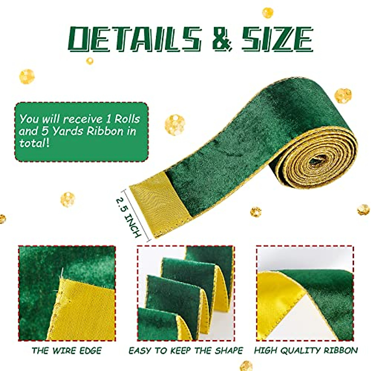 Dark Green Wired Velvet Ribbon for Gift Wrapping, Chrisrtmas Tree (2-1/2 inch, 5 Yards)