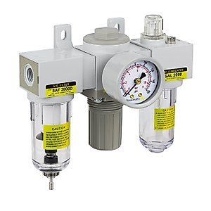 PneumaticPlus SAU2000M-N02G Mini Three-Unit Combo Compressed Air Filter Regulator Lubricator FRL, Air Preparation Unit 1/4" NPT - Poly Bowl, Manual Drain, Gauge