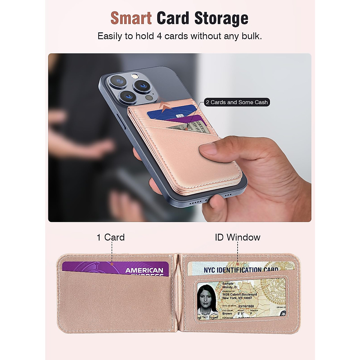 TopMade for MagSafe Wallet Stand, Strongest Magnetic Phone Wallet Card Holder for iPhone 15/14/13/12 Series, Vegan Leather, RFID Blocking, 5 Card Slots, Open ID Window, Slim, Rose Gold