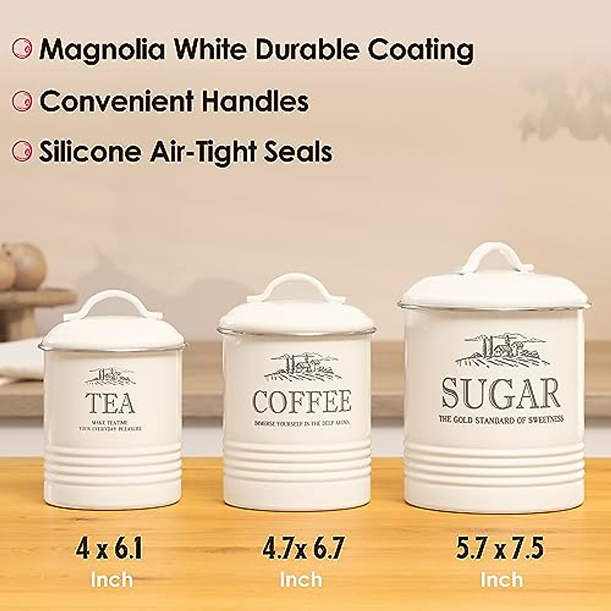 noonberry Kitchen Canisters for Countertop - Set of 3 - Airtight Coffee Tea Sugar Container Set - Country Rustic Farmhouse Canisters Sets for the Kitchen